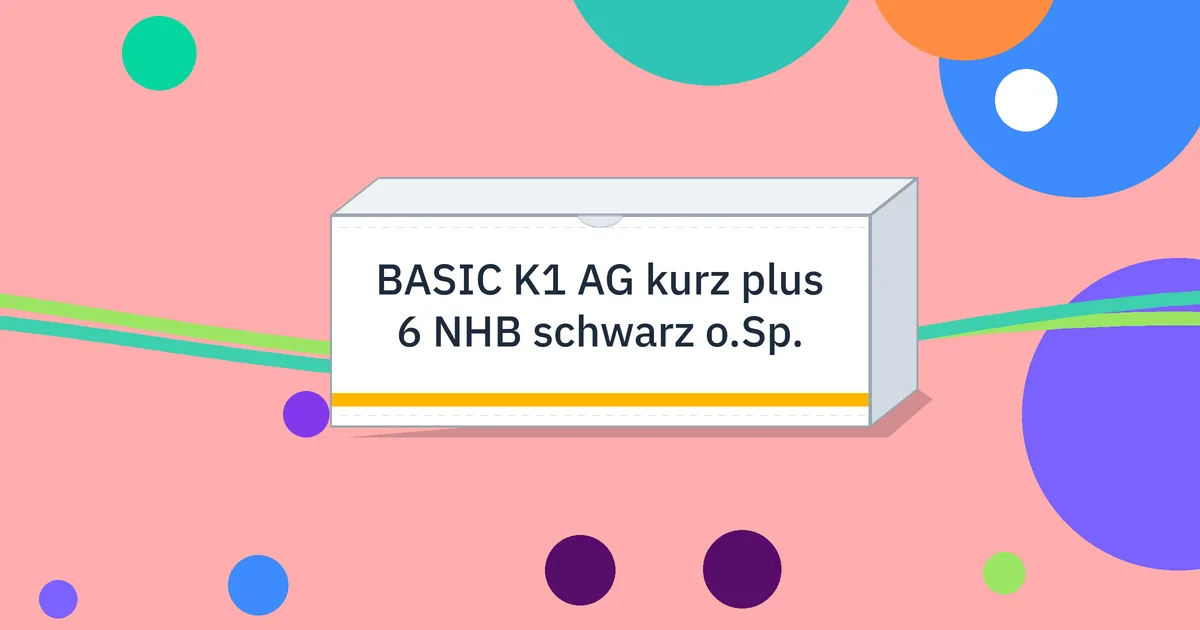 Symbolbild: Packung mit der Aufschrift BASIC K1 AG kurz plus 6 NHB schwarz o.Sp. (PZN 20261748) – Verfügbarkeit und Bezug in Apotheken in Frankfurt am Main