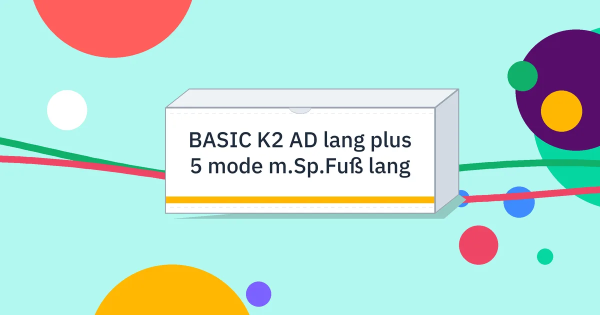 Symbolbild: Packung mit der Aufschrift BASIC K2 AD lang plus 5 mode m.Sp.Fuß lang (PZN 20265545) – Verfügbarkeit und Bezug in Apotheken in Frankfurt am Main