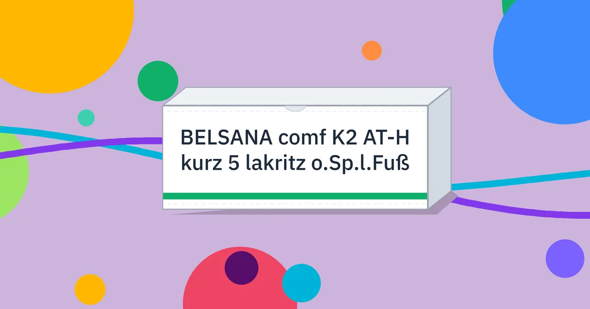 Symbolbild: Packung mit der Aufschrift BELSANA comf K2 AT-H kurz 5 lakritz o.Sp.l.Fuß (PZN 12331044) – Verfügbarkeit und Bezug in Apotheken in Frankfurt am Main
