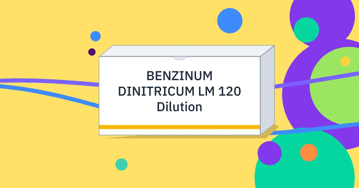 Symbolbild: Packung mit der Aufschrift BENZINUM DINITRICUM LM 120 Dilution (PZN 13382836) – Verfügbarkeit und Bezug in Apotheken in Frankfurt am Main