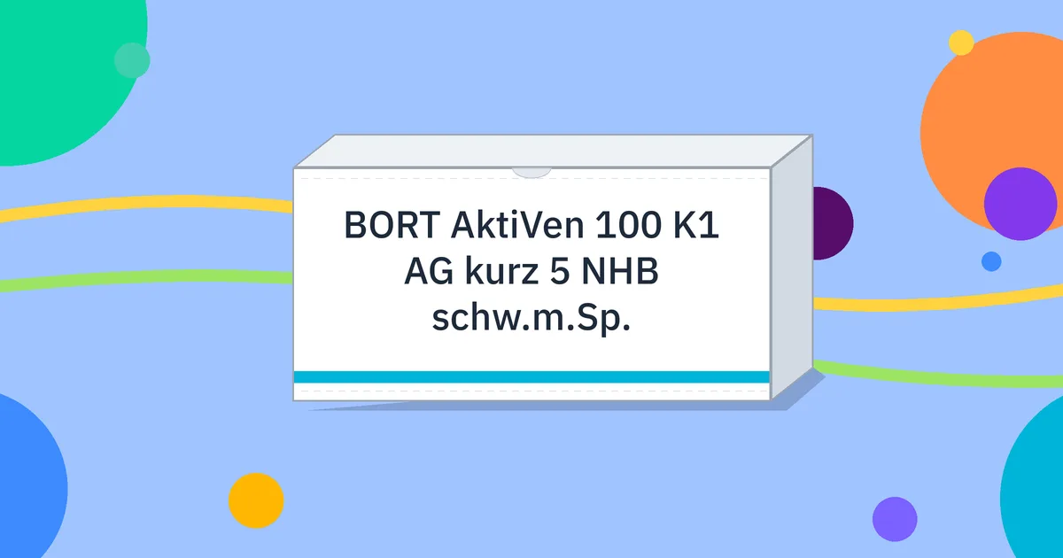 Symbolbild: Packung mit der Aufschrift BORT AktiVen 100 K1 AG kurz 5 NHB schw.m.Sp. (PZN 14388427) – Verfügbarkeit und Bezug in Apotheken in Frankfurt am Main