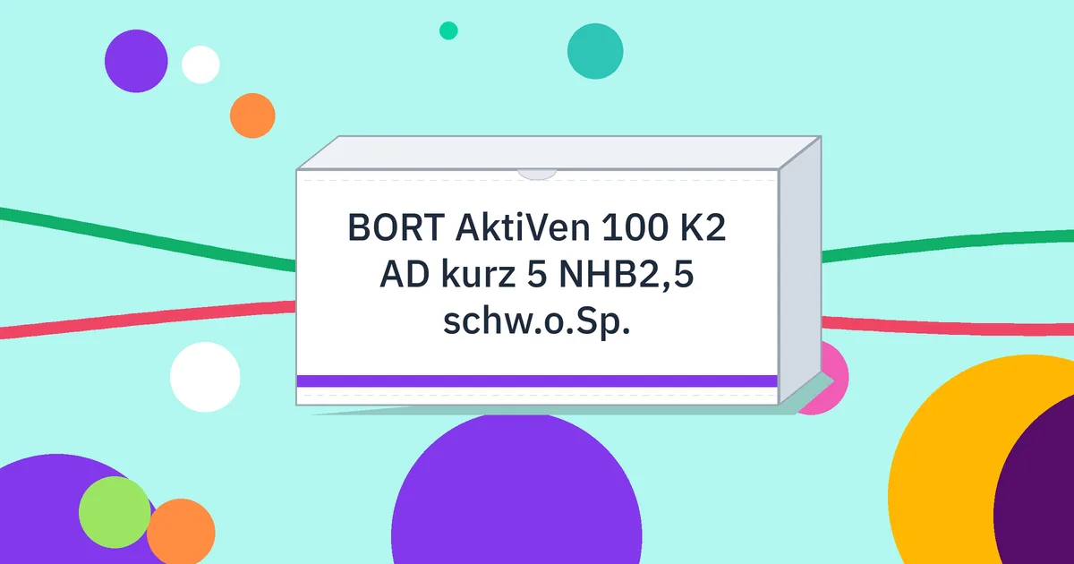 Symbolbild: Packung mit der Aufschrift BORT AktiVen 100 K2 AD kurz 5 NHB2,5 schw.o.Sp. (PZN 17501723) – Verfügbarkeit und Bezug in Apotheken in Frankfurt am Main
