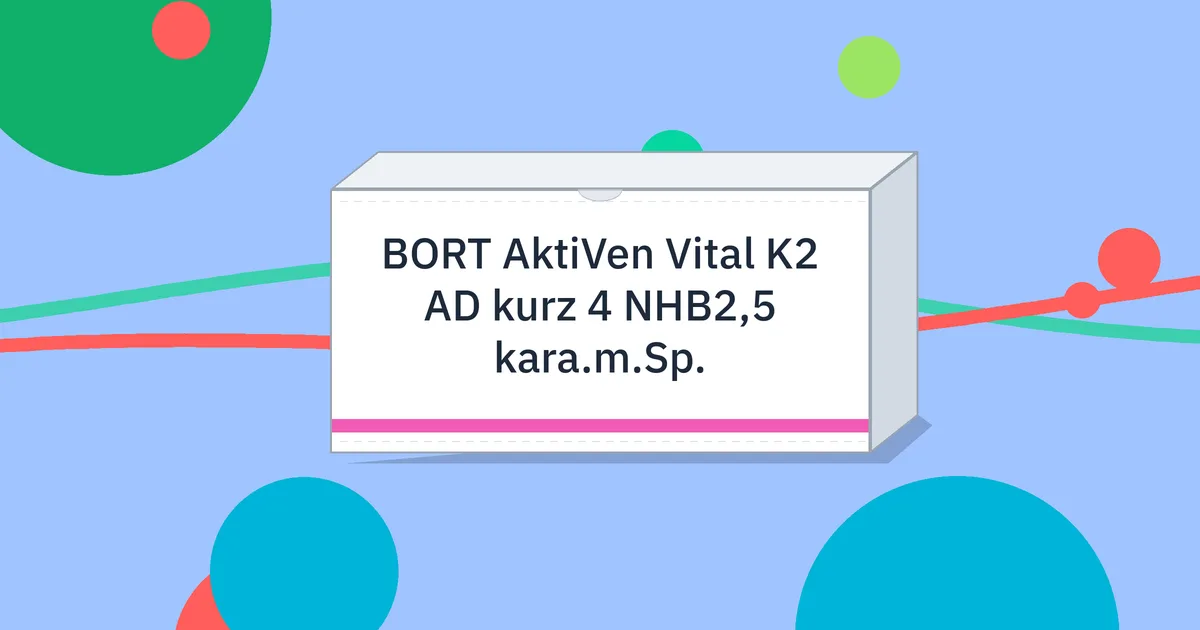 Symbolbild: Packung mit der Aufschrift BORT AktiVen Vital K2 AD kurz 4 NHB2,5 kara.m.Sp. (PZN 17497826) – Verfügbarkeit und Bezug in Apotheken in Frankfurt am Main