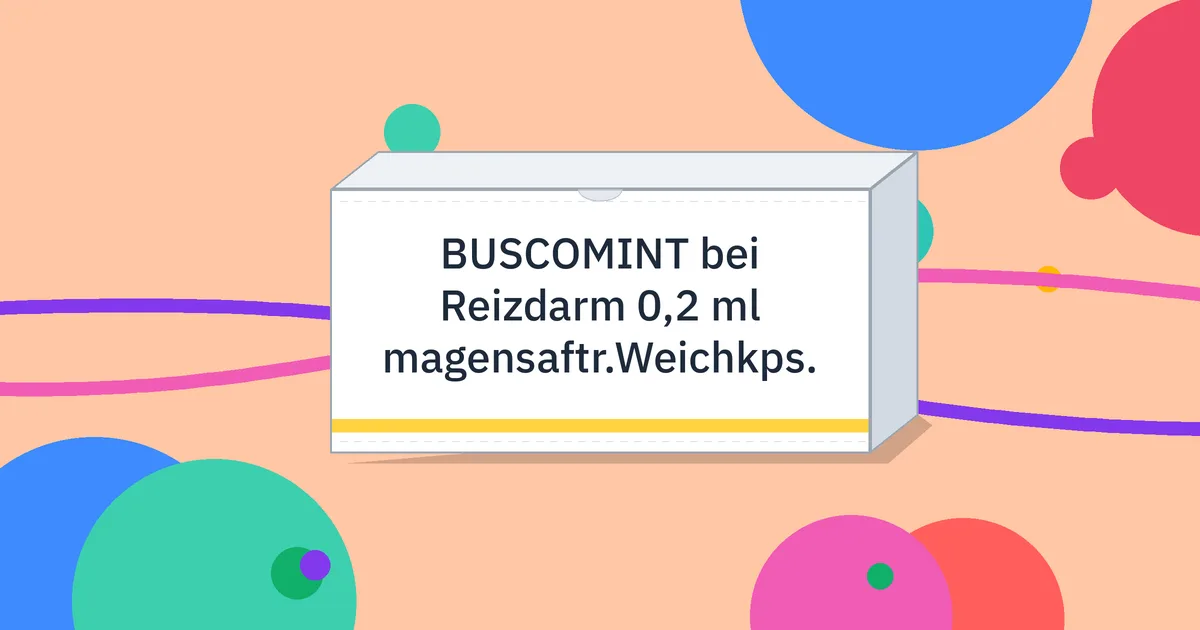 Symbolbild: Packung mit der Aufschrift BUSCOMINT bei Reizdarm 0,2 ml magensaftr.Weichkps. (PZN 15295627) – Verfügbarkeit und Bezug in Apotheken in Frankfurt am Main