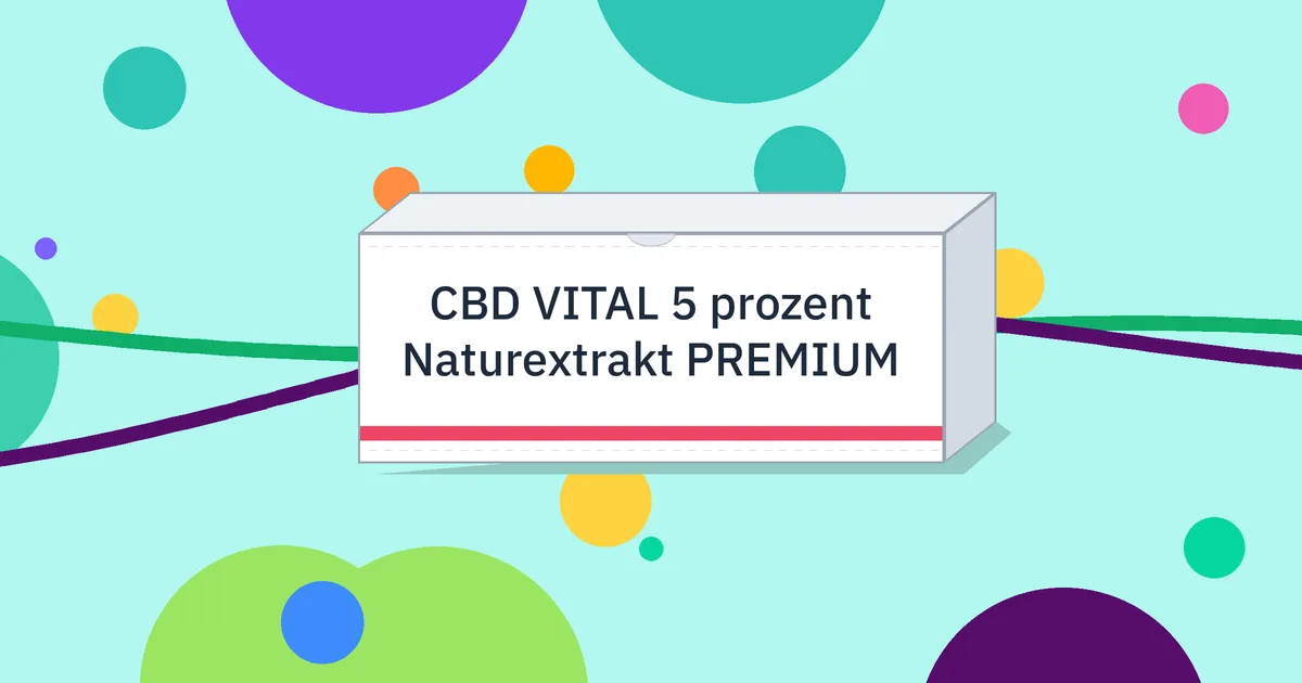 Symbolbild: Packung mit der Aufschrift CBD VITAL 5 prozent Naturextrakt PREMIUM (PZN 16892288) – Verfügbarkeit und Bezug in Apotheken in Frankfurt am Main