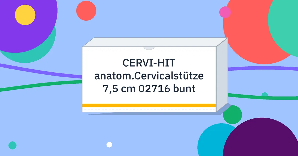 Symbolbild: Packung mit der Aufschrift CERVI-HIT anatom.Cervicalstütze 7,5 cm 02716 bunt (PZN 08790651) – Verfügbarkeit und Bezug in Apotheken in Frankfurt am Main