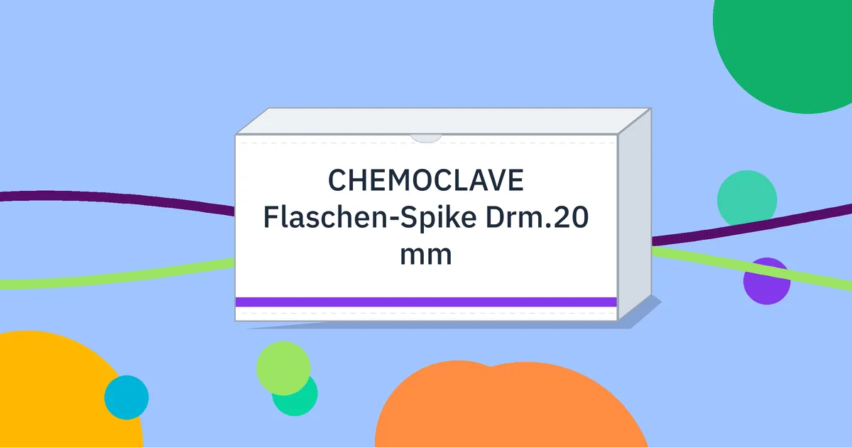 Symbolbild: Packung mit der Aufschrift CHEMOCLAVE Flaschen-Spike Drm.20 mm (PZN 19443533) – Verfügbarkeit und Bezug in Apotheken in Frankfurt am Main