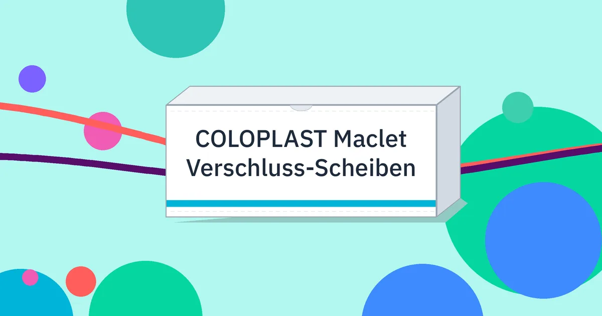 Symbolbild: Packung mit der Aufschrift COLOPLAST Maclet Verschluss-Scheiben (PZN 03934217) – Verfügbarkeit und Bezug in Apotheken in Frankfurt am Main