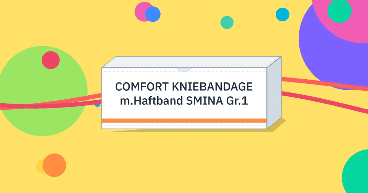 Symbolbild: Packung mit der Aufschrift COMFORT KNIEBANDAGE m.Haftband SMINA Gr.1 (PZN 20162779) – Verfügbarkeit und Bezug in Apotheken in Frankfurt am Main