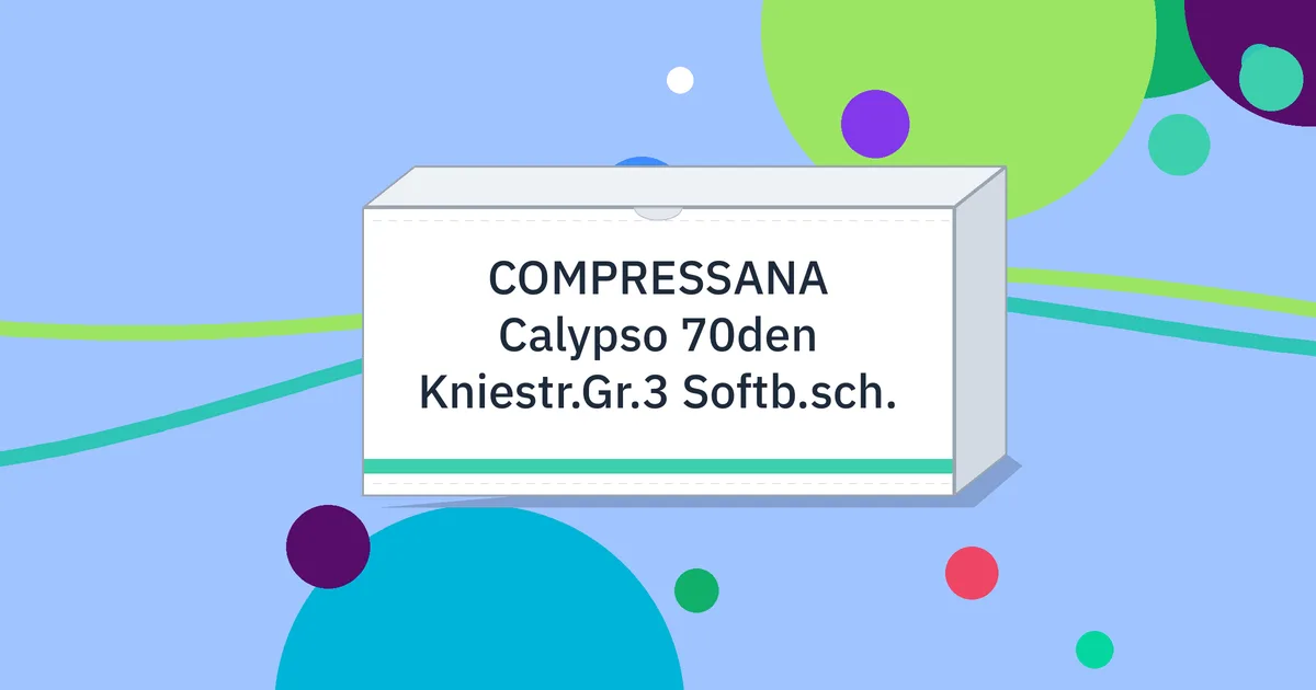 Symbolbild: Packung mit der Aufschrift COMPRESSANA Calypso 70den Kniestr.Gr.3 Softb.sch. (PZN 07719651) – Verfügbarkeit und Bezug in Apotheken in Frankfurt am Main