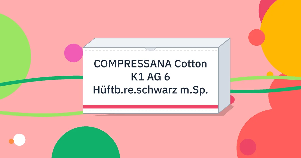 Symbolbild: Packung mit der Aufschrift COMPRESSANA Cotton K1 AG 6 Hüftb.re.schwarz m.Sp. (PZN 12980860) – Verfügbarkeit und Bezug in Apotheken in Frankfurt am Main