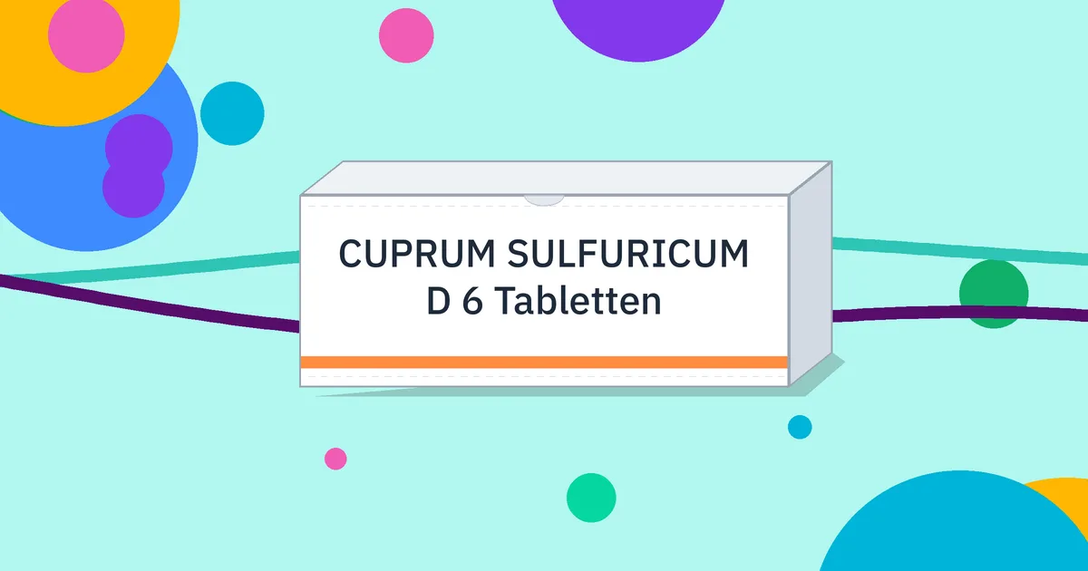 Symbolbild: Packung mit der Aufschrift CUPRUM SULFURICUM D 6 Tabletten (PZN 02629481) – Verfügbarkeit und Bezug in Apotheken in Frankfurt am Main
