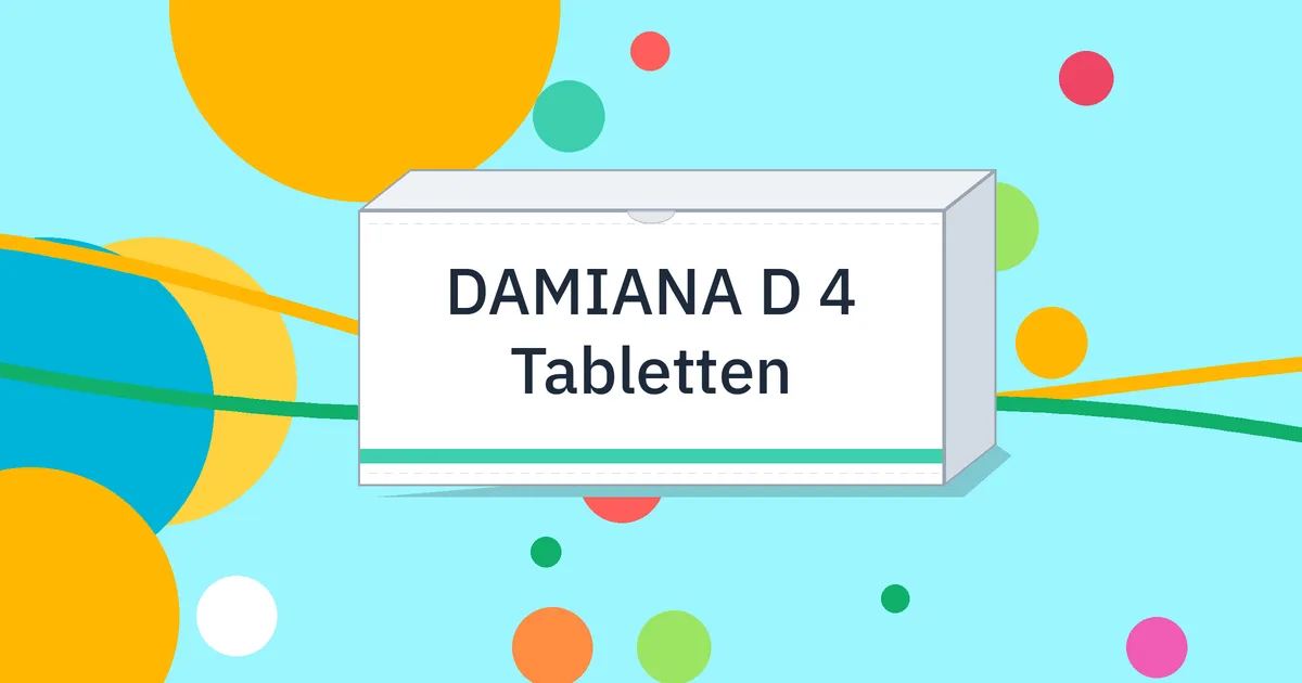 Symbolbild: Packung mit der Aufschrift DAMIANA D 4 Tabletten (PZN 02629587) – Verfügbarkeit und Bezug in Apotheken in Frankfurt am Main