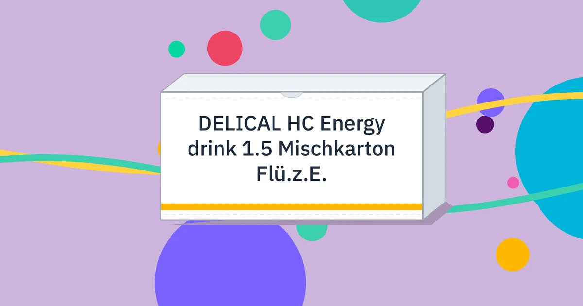Symbolbild: Packung mit der Aufschrift DELICAL HC Energy drink 1.5 Mischkarton Flü.z.E. (PZN 16841090) – Verfügbarkeit und Bezug in Apotheken in Frankfurt am Main