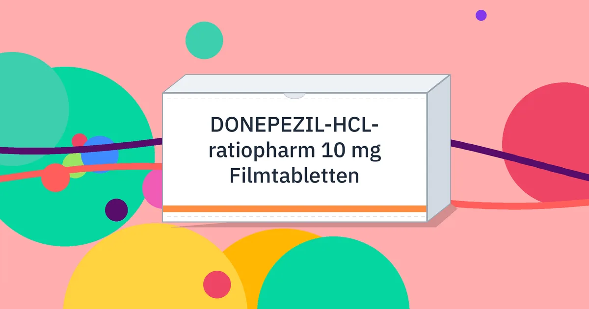 Symbolbild: Packung mit der Aufschrift DONEPEZIL-HCL-ratiopharm 10 mg Filmtabletten (PZN 08885630) – Verfügbarkeit und Bezug in Apotheken in Frankfurt am Main