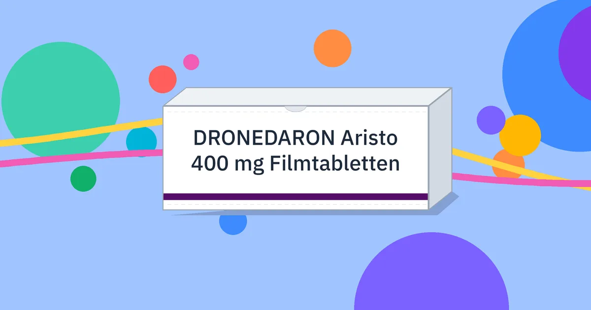 Symbolbild: Packung mit der Aufschrift DRONEDARON Aristo 400 mg Filmtabletten (PZN 15529189) – Verfügbarkeit und Bezug in Apotheken in Frankfurt am Main