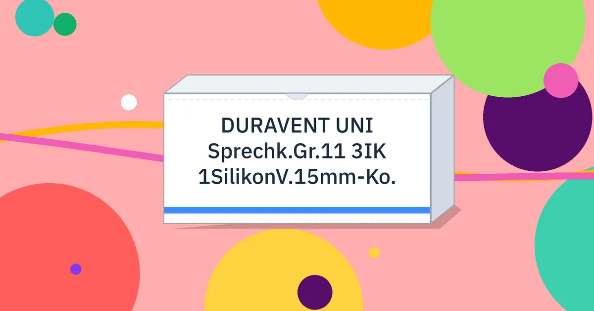 Symbolbild: Packung mit der Aufschrift DURAVENT UNI Sprechk.Gr.11 3IK 1SilikonV.15mm-Ko. (PZN 02083450) – Verfügbarkeit und Bezug in Apotheken in Frankfurt am Main