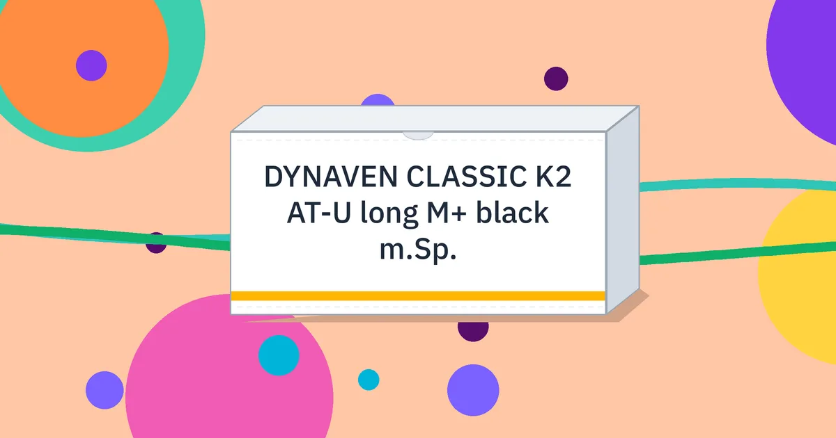 Symbolbild: Packung mit der Aufschrift DYNAVEN CLASSIC K2 AT-U long M+ black m.Sp. (PZN 18419834) – Verfügbarkeit und Bezug in Apotheken in Frankfurt am Main