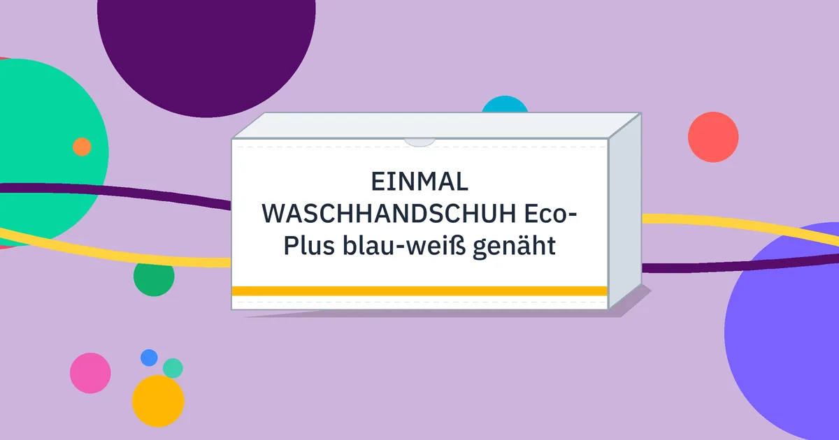 Symbolbild: Packung mit der Aufschrift EINMAL WASCHHANDSCHUH Eco-Plus blau-weiß genäht (PZN 11237171) – Verfügbarkeit und Bezug in Apotheken in Frankfurt am Main