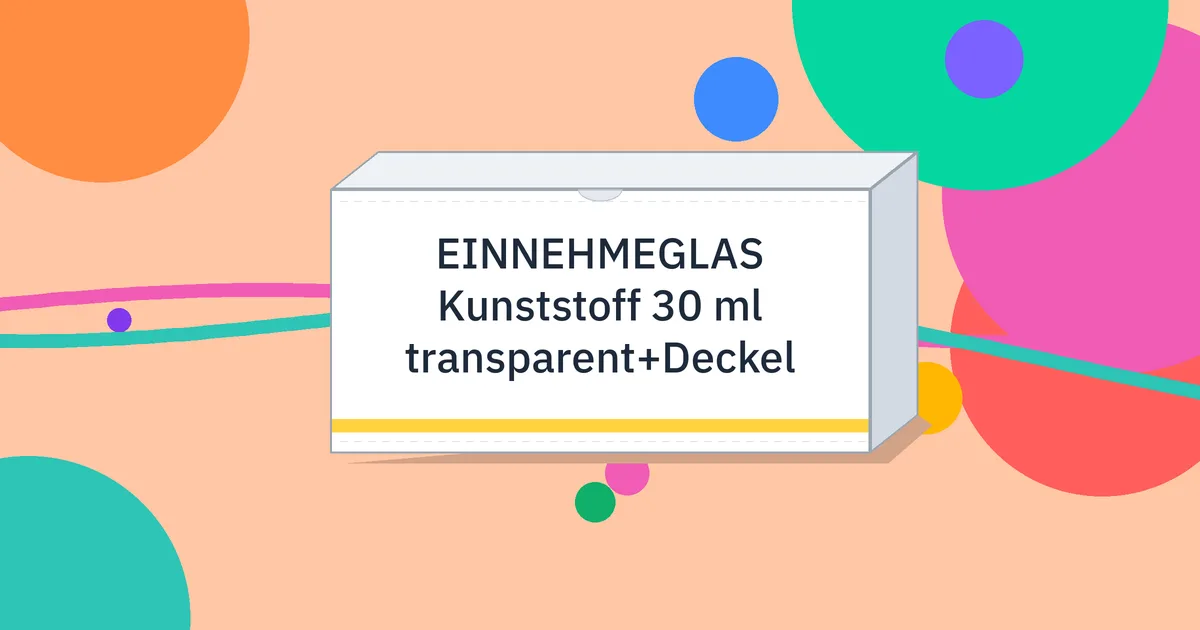 Symbolbild: Packung mit der Aufschrift EINNEHMEGLAS Kunststoff 30 ml transparent+Deckel (PZN 02771575) – Verfügbarkeit und Bezug in Apotheken in Frankfurt am Main