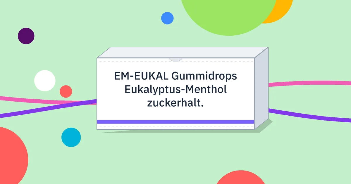 Symbolbild: Packung mit der Aufschrift EM-EUKAL Gummidrops Eukalyptus-Menthol zuckerhalt. (PZN 10392047) – Verfügbarkeit und Bezug in Apotheken in Frankfurt am Main