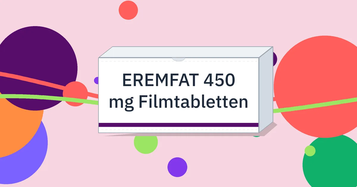 Symbolbild: Packung mit der Aufschrift EREMFAT 450 mg Filmtabletten (PZN 18803171) – Verfügbarkeit und Bezug in Apotheken in Frankfurt am Main