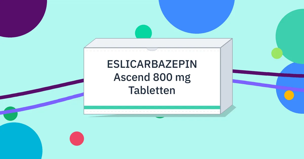 Symbolbild: Packung mit der Aufschrift ESLICARBAZEPIN Ascend 800 mg Tabletten (PZN 17849254) – Verfügbarkeit und Bezug in Apotheken in Frankfurt am Main