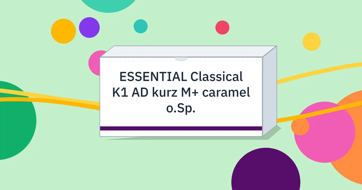 Symbolbild: Packung mit der Aufschrift ESSENTIAL Classical K1 AD kurz M+ caramel o.Sp. (PZN 17009123) – Verfügbarkeit und Bezug in Apotheken in Frankfurt am Main