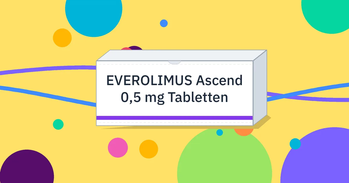 Symbolbild: Packung mit der Aufschrift EVEROLIMUS Ascend 0,5 mg Tabletten (PZN 18425668) – Verfügbarkeit und Bezug in Apotheken in Frankfurt am Main