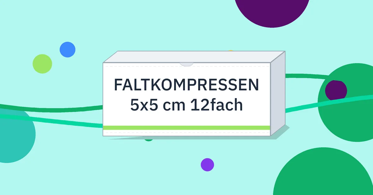 Symbolbild: Packung mit der Aufschrift FALTKOMPRESSEN 5x5 cm 12fach (PZN 01960481) – Verfügbarkeit und Bezug in Apotheken in Frankfurt am Main