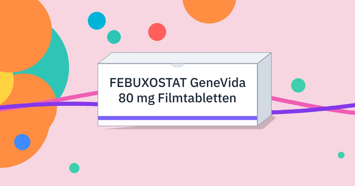Symbolbild: Packung mit der Aufschrift FEBUXOSTAT GeneVida 80 mg Filmtabletten (PZN 15743474) – Verfügbarkeit und Bezug in Apotheken in Frankfurt am Main