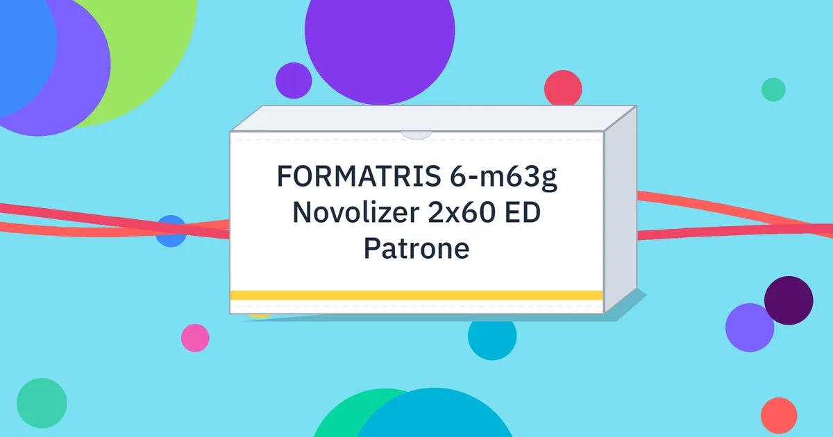 Symbolbild: Packung mit der Aufschrift FORMATRIS 6-m63g Novolizer 2x60 ED Patrone (PZN 09617676) – Verfügbarkeit und Bezug in Apotheken in Frankfurt am Main