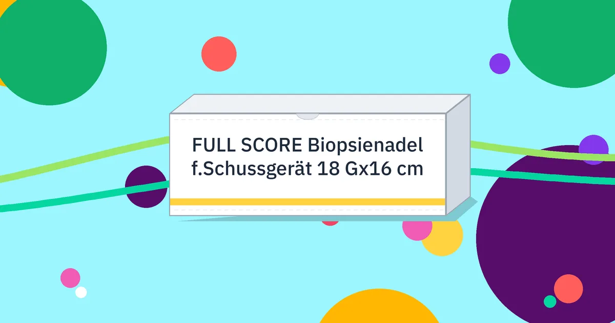 Symbolbild: Packung mit der Aufschrift FULL SCORE Biopsienadel f.Schussgerät 18 Gx16 cm (PZN 14384599) – Verfügbarkeit und Bezug in Apotheken in Frankfurt am Main