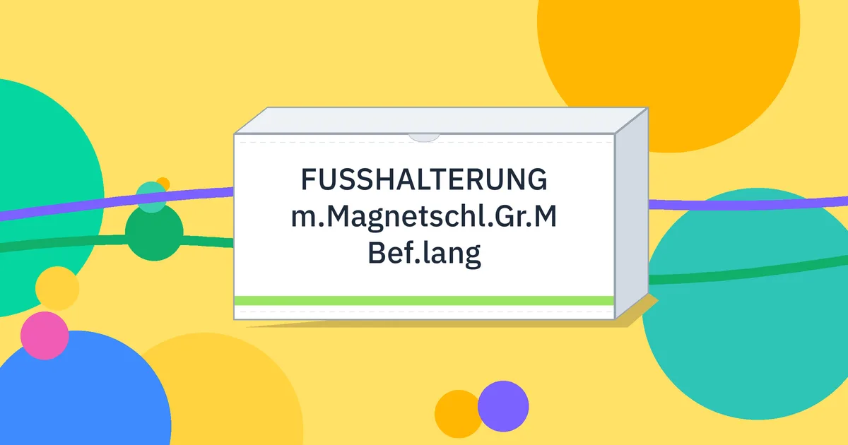 Symbolbild: Packung mit der Aufschrift FUSSHALTERUNG m.Magnetschl.Gr.M Bef.lang (PZN 09168043) – Verfügbarkeit und Bezug in Apotheken in Frankfurt am Main