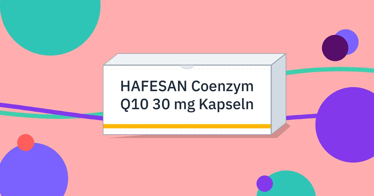 Symbolbild: Packung mit der Aufschrift HAFESAN Coenzym Q10 30 mg Kapseln (PZN 06138886) – Verfügbarkeit und Bezug in Apotheken in Frankfurt am Main