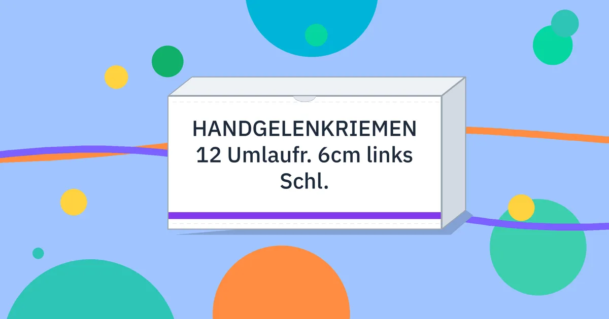 Symbolbild: Packung mit der Aufschrift HANDGELENKRIEMEN 12 Umlaufr. 6cm links Schl. (PZN 02008299) – Verfügbarkeit und Bezug in Apotheken in Frankfurt am Main