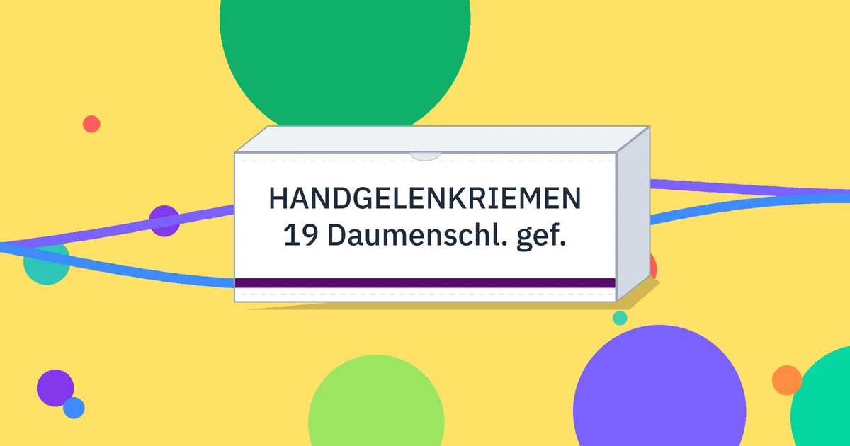 Symbolbild: Packung mit der Aufschrift HANDGELENKRIEMEN 19 Daumenschl. gef. (PZN 02387931) – Verfügbarkeit und Bezug in Apotheken in Frankfurt am Main