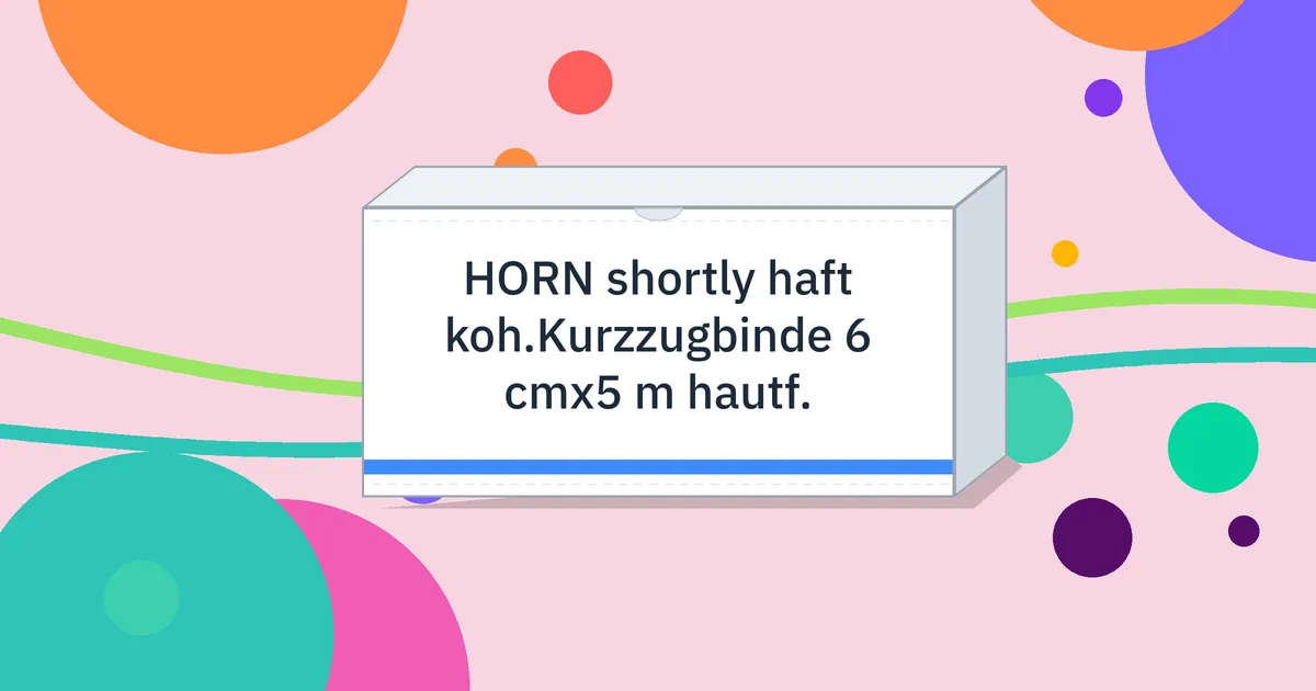 Symbolbild: Packung mit der Aufschrift HORN shortly haft koh.Kurzzugbinde 6 cmx5 m hautf. (PZN 04667847) – Verfügbarkeit und Bezug in Apotheken in Frankfurt am Main