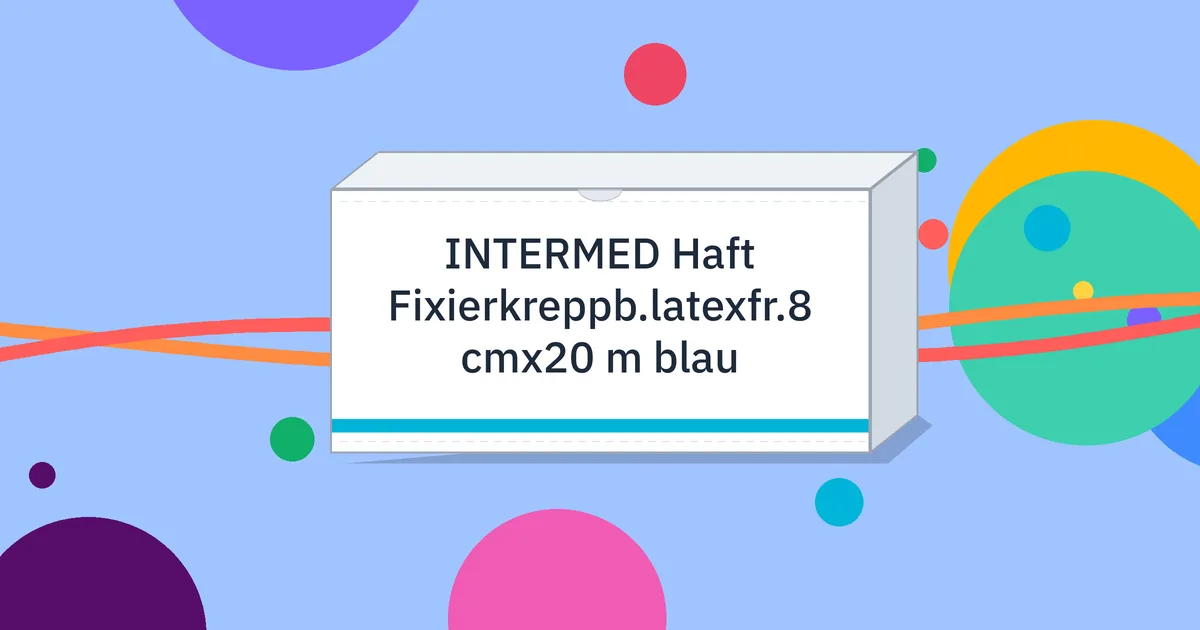Symbolbild: Packung mit der Aufschrift INTERMED Haft Fixierkreppb.latexfr.8 cmx20 m blau (PZN 10944446) – Verfügbarkeit und Bezug in Apotheken in Frankfurt am Main