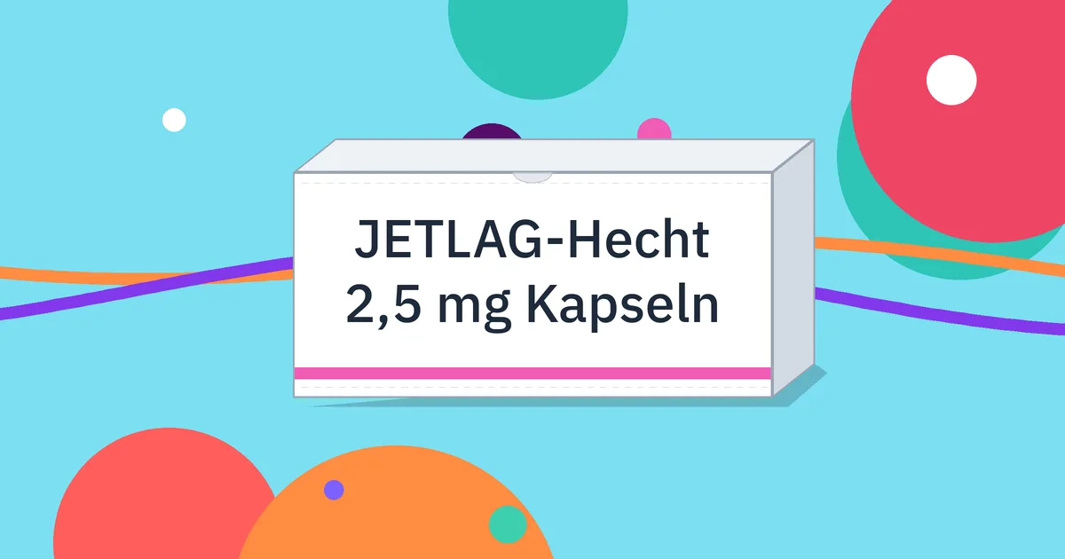 Symbolbild: Packung mit der Aufschrift JETLAG-Hecht 2,5 mg Kapseln (PZN 08882465) – Verfügbarkeit und Bezug in Apotheken in Frankfurt am Main