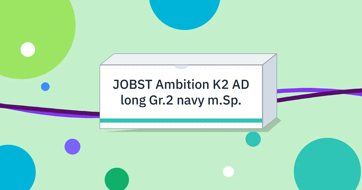 Symbolbild: Packung mit der Aufschrift JOBST Ambition K2 AD long Gr.2 navy m.Sp. (PZN 11020678) – Verfügbarkeit und Bezug in Apotheken in Frankfurt am Main