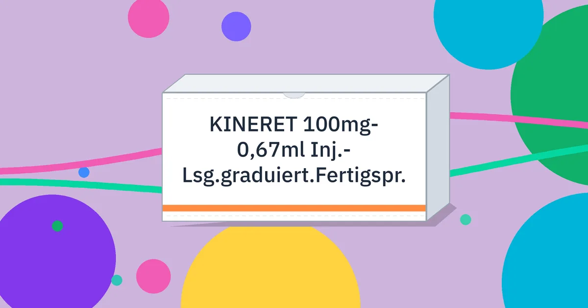 Symbolbild: Packung mit der Aufschrift KINERET 100mg-0,67ml Inj.-Lsg.graduiert.Fertigspr. (PZN 20058929) – Verfügbarkeit und Bezug in Apotheken in Frankfurt am Main