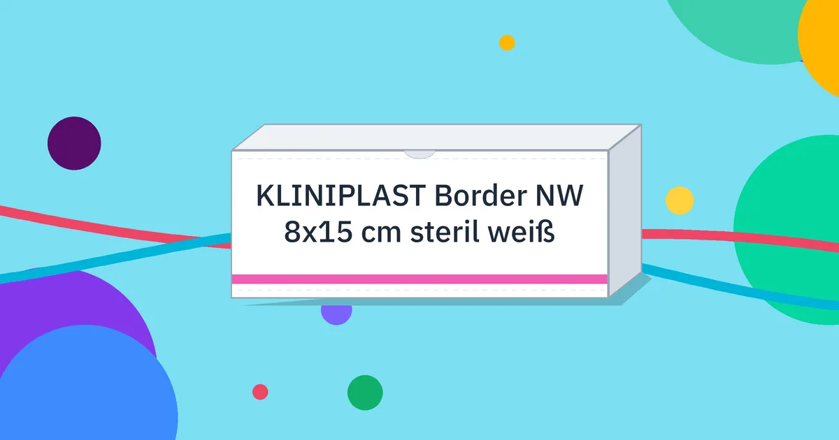 Symbolbild: Packung mit der Aufschrift KLINIPLAST Border NW 8x15 cm steril weiß (PZN 18825043) – Verfügbarkeit und Bezug in Apotheken in Frankfurt am Main
