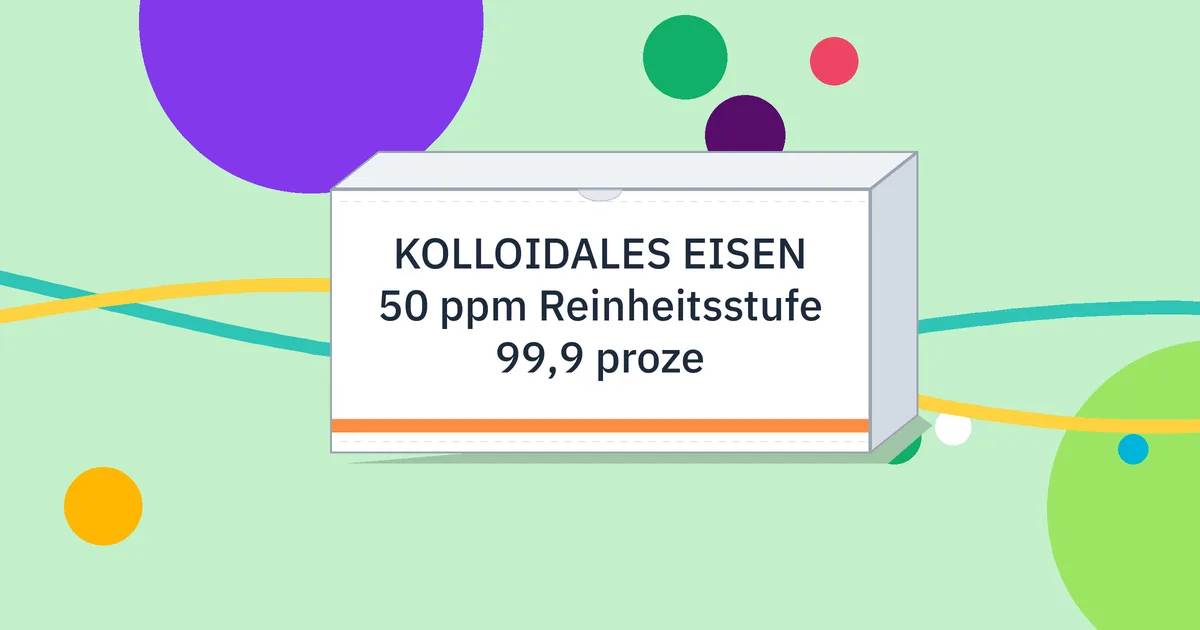 Symbolbild: Packung mit der Aufschrift KOLLOIDALES EISEN 50 ppm Reinheitsstufe 99,9 proze (PZN 18236335) – Verfügbarkeit und Bezug in Apotheken in Frankfurt am Main