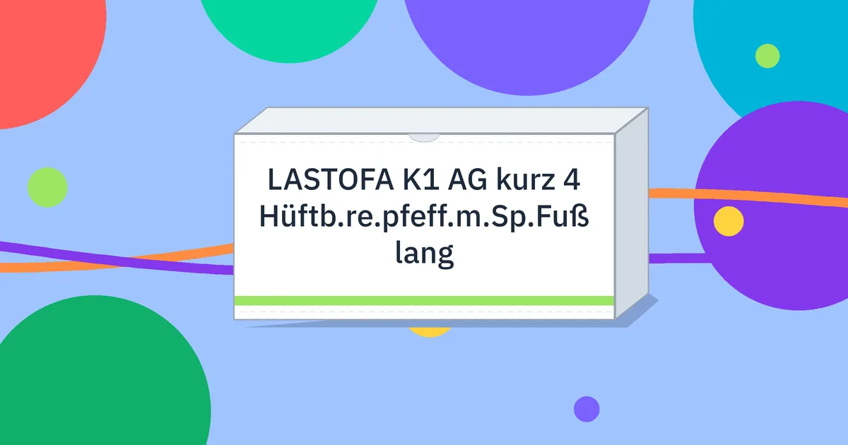 Symbolbild: Packung mit der Aufschrift LASTOFA K1 AG kurz 4 Hüftb.re.pfeff.m.Sp.Fuß lang (PZN 13798608) – Verfügbarkeit und Bezug in Apotheken in Frankfurt am Main