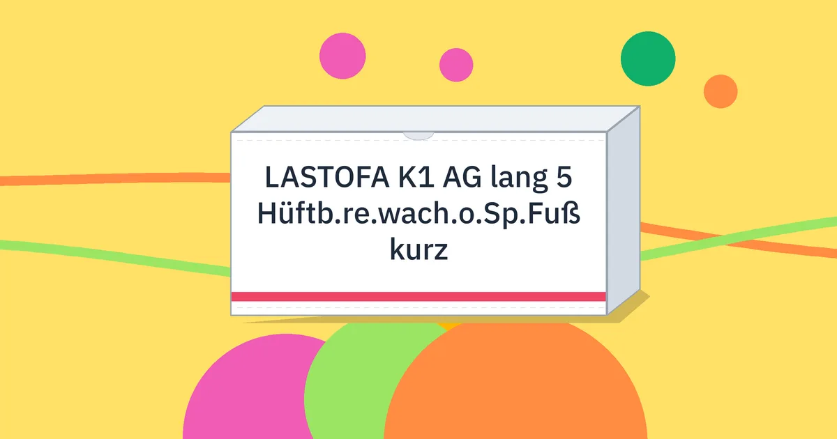 Symbolbild: Packung mit der Aufschrift LASTOFA K1 AG lang 5 Hüftb.re.wach.o.Sp.Fuß kurz (PZN 13798809) – Verfügbarkeit und Bezug in Apotheken in Frankfurt am Main