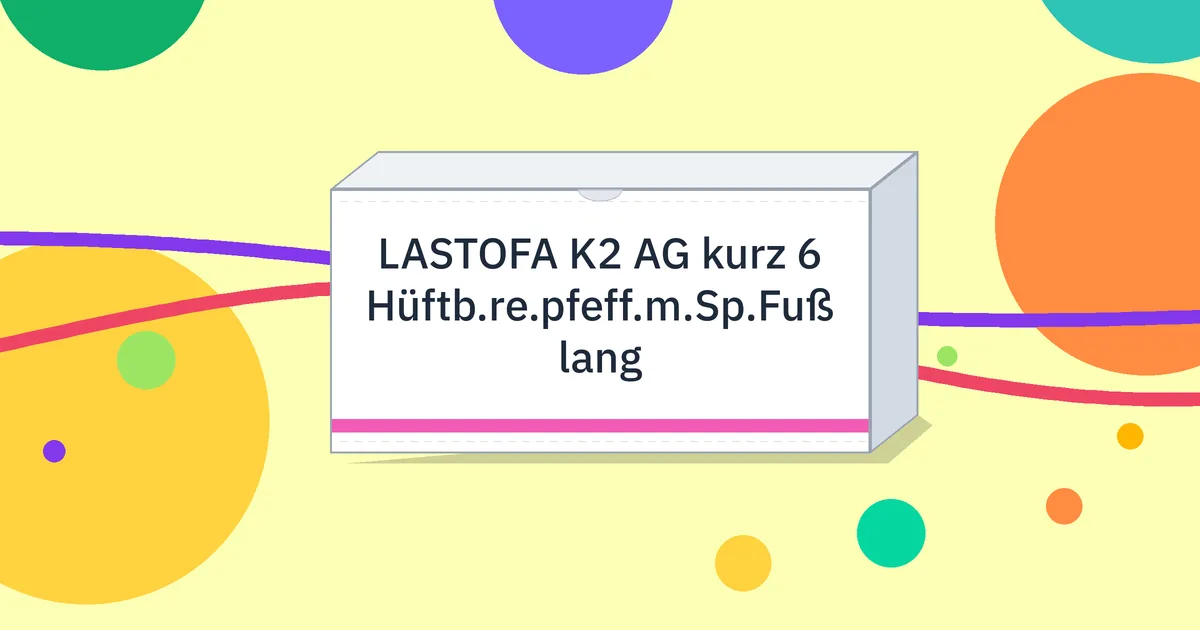 Symbolbild: Packung mit der Aufschrift LASTOFA K2 AG kurz 6 Hüftb.re.pfeff.m.Sp.Fuß lang (PZN 13812490) – Verfügbarkeit und Bezug in Apotheken in Frankfurt am Main