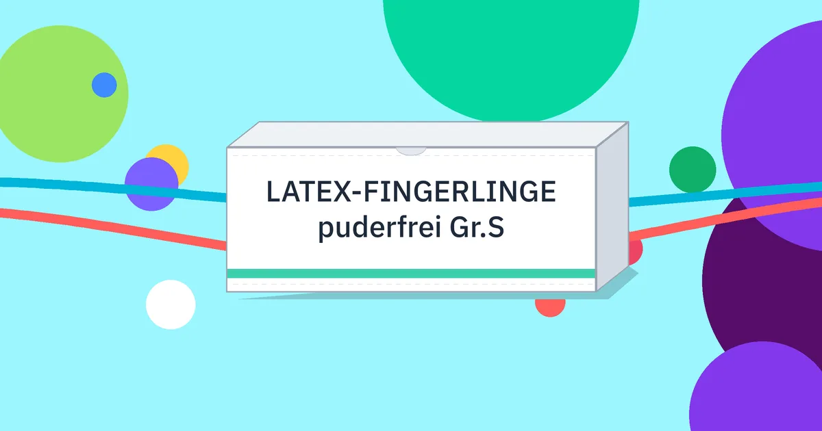 Symbolbild: Packung mit der Aufschrift LATEX-FINGERLINGE puderfrei Gr.S (PZN 09728281) – Verfügbarkeit und Bezug in Apotheken in Frankfurt am Main