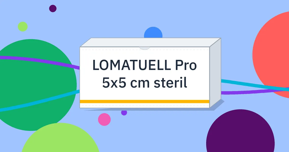 Symbolbild: Packung mit der Aufschrift LOMATUELL Pro 5x5 cm steril (PZN 17276835) – Verfügbarkeit und Bezug in Apotheken in Frankfurt am Main