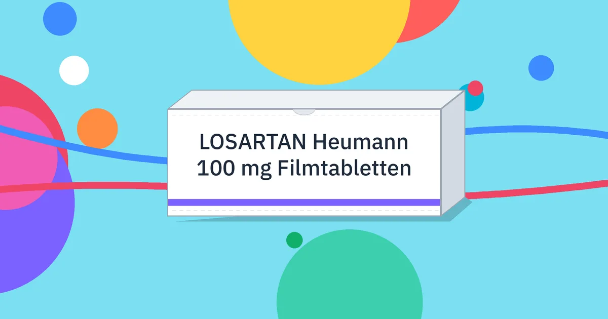 Symbolbild: Packung mit der Aufschrift LOSARTAN Heumann 100 mg Filmtabletten (PZN 05371698) – Verfügbarkeit und Bezug in Apotheken in Frankfurt am Main